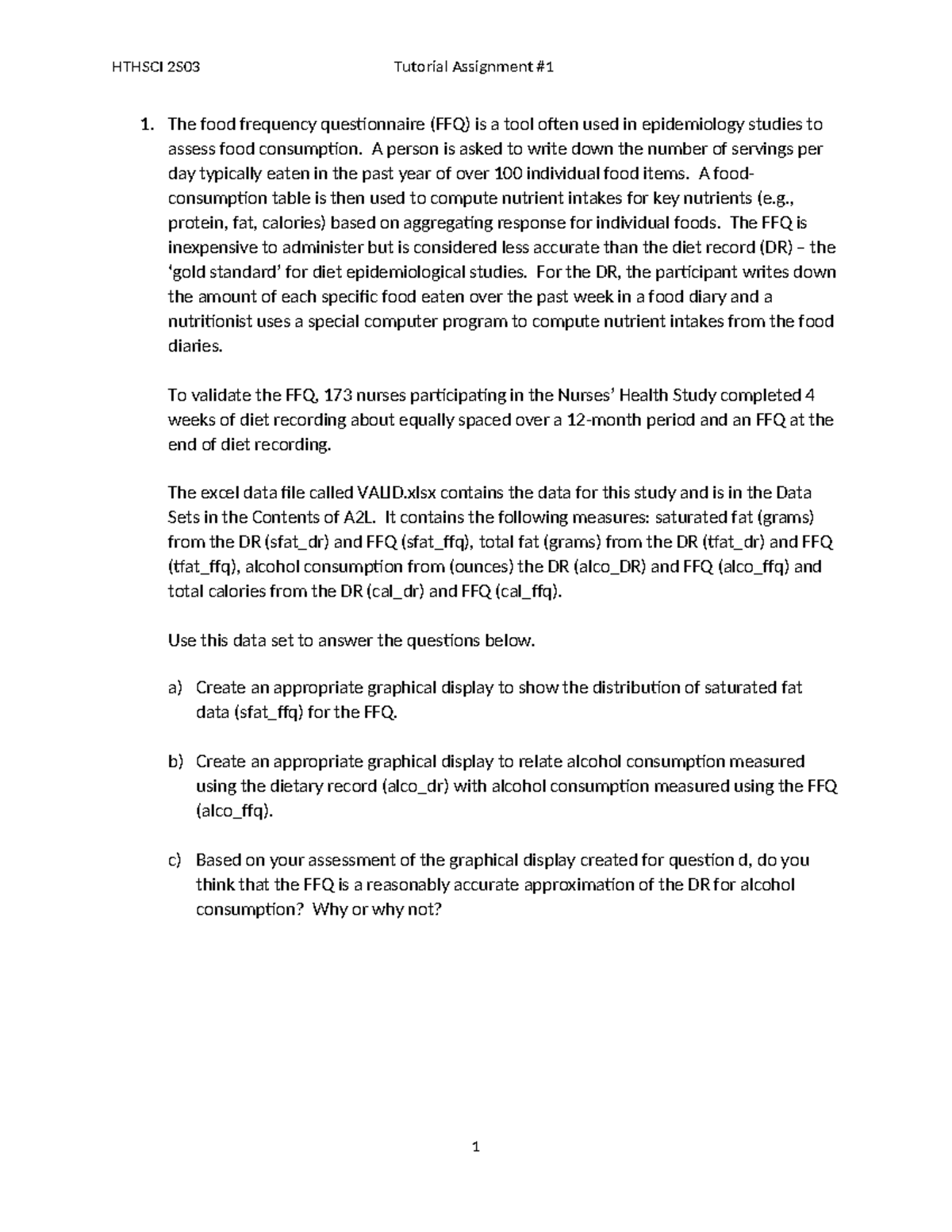 HTHSCI 2S03 Tutorial Assignment 1 - Food Frequency & Lead Exposure ...