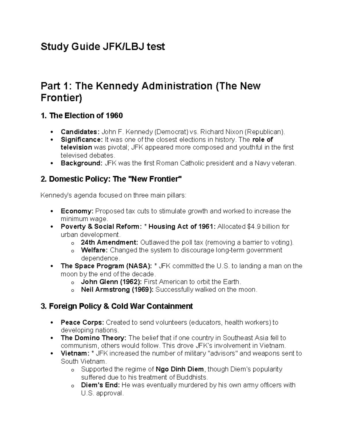 Study Guide: JFK & LBJ Administrations (Part 1 & 2) - Studocu
