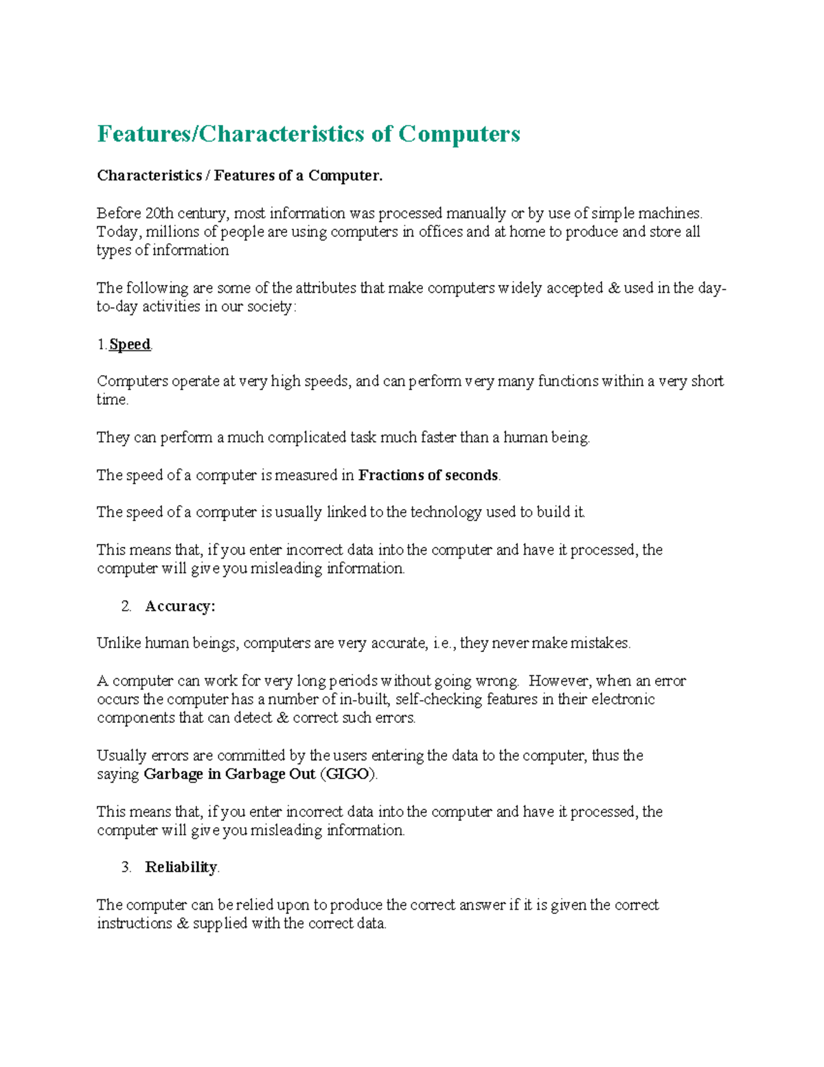 Characteristics and Features of Computers: A Comprehensive Overview ...