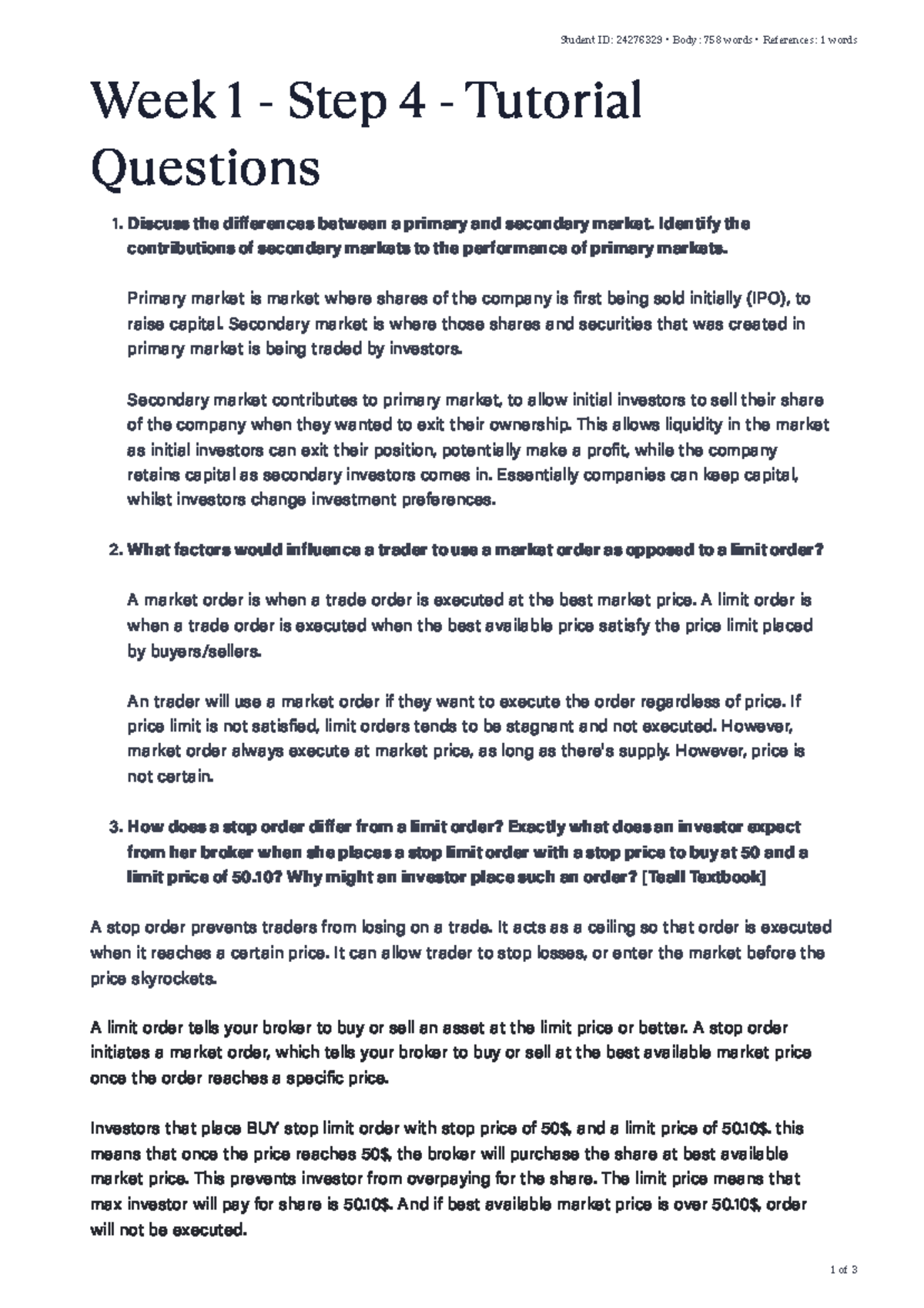 FIN 101 Week 1 Tutorial Questions and Market Analysis - Studocu