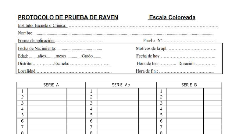 Protocolo de Prueba Raven Infantil - SERIE A y B Evaluación - Studocu