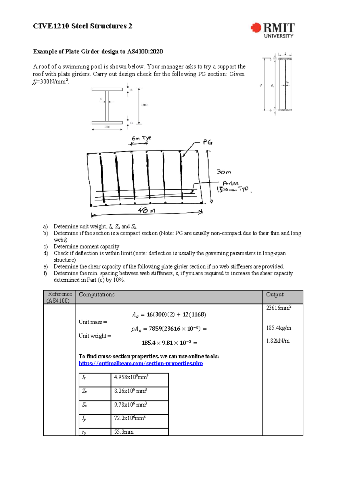 CIVE1210 Tutorial: Plate Girder Design Example to AS4100:2020 - Studocu