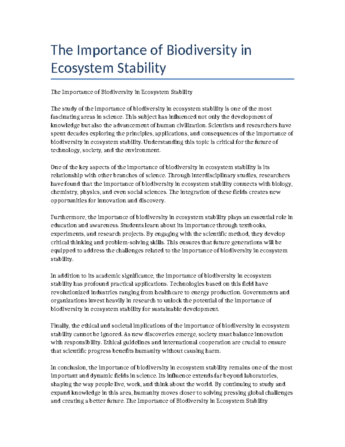 Essay 19: The Role of Biodiversity in Ecosystem Stability - Studocu