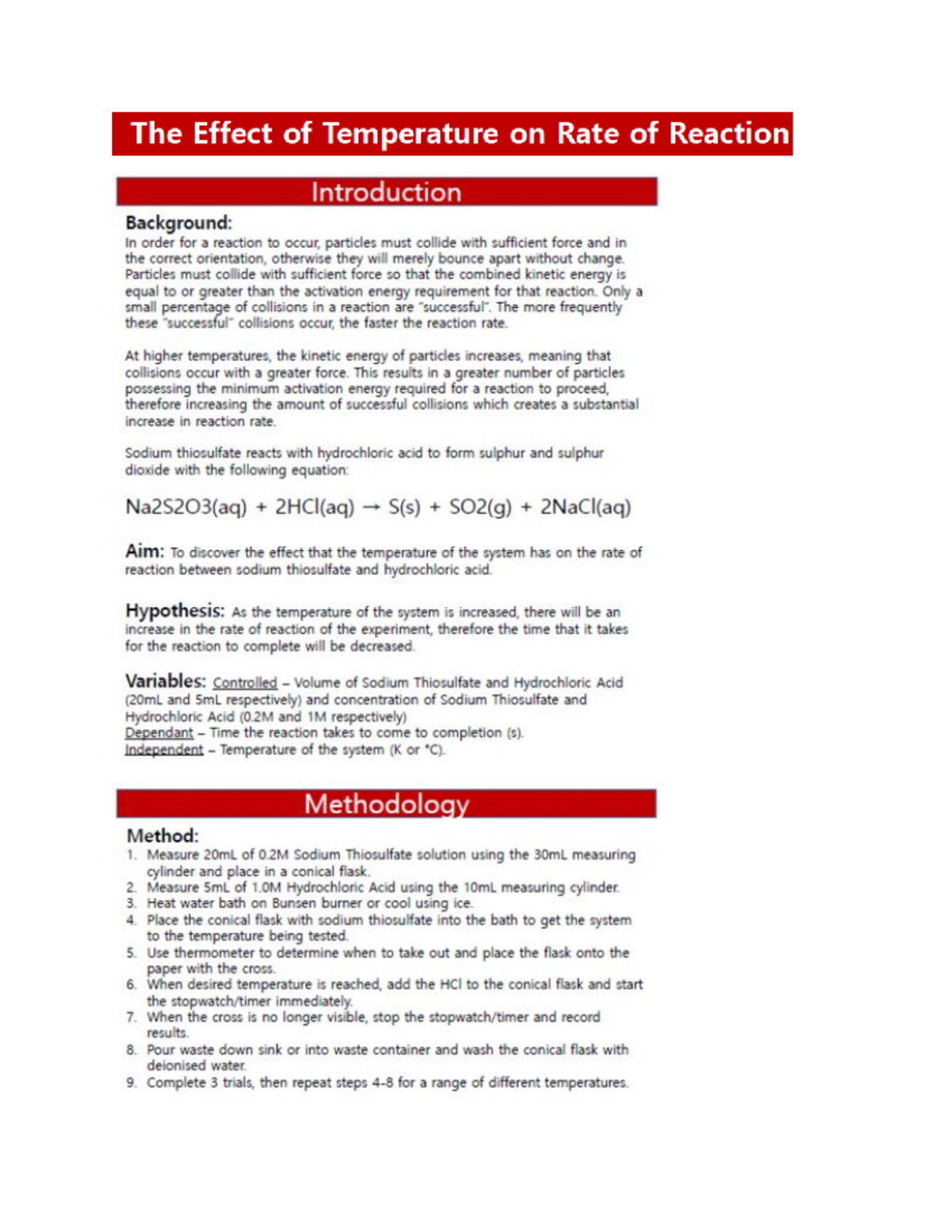 Rate of Reaction Lab: Effect of Temperature on Thiosulfate & HCl - Studocu