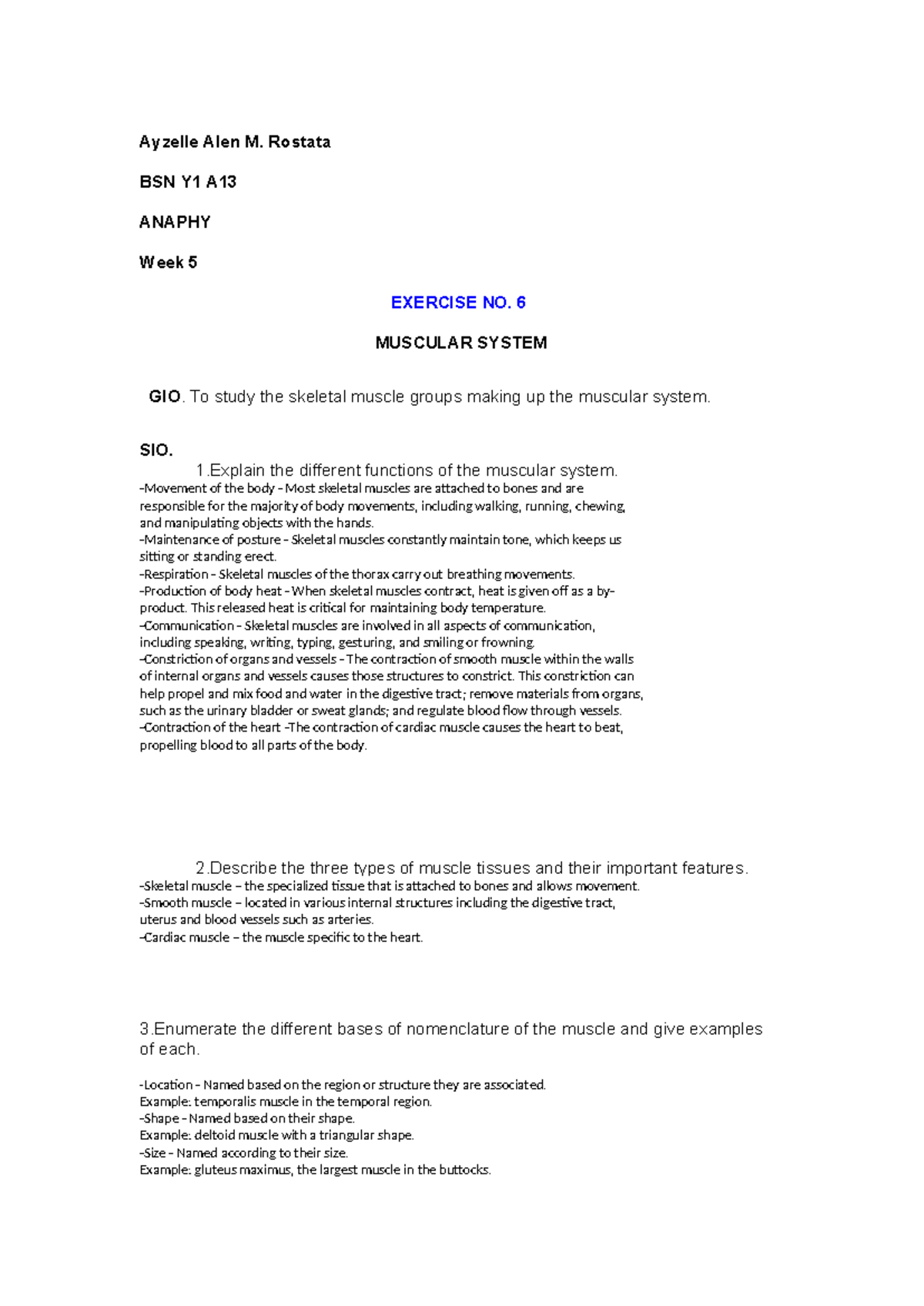 WEEK 5 ANAPHY LAB: MUSCULAR SYSTEM EXERCISE NO. 6 NOTES - Studocu