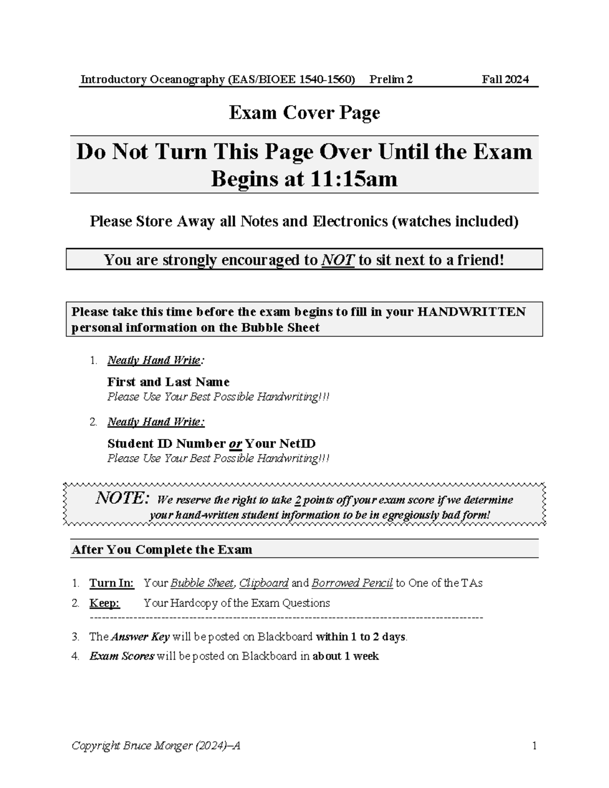 Prelim 2 2024 Version A - Introductory Oceanography (EAS/BIOEE 1540 ...