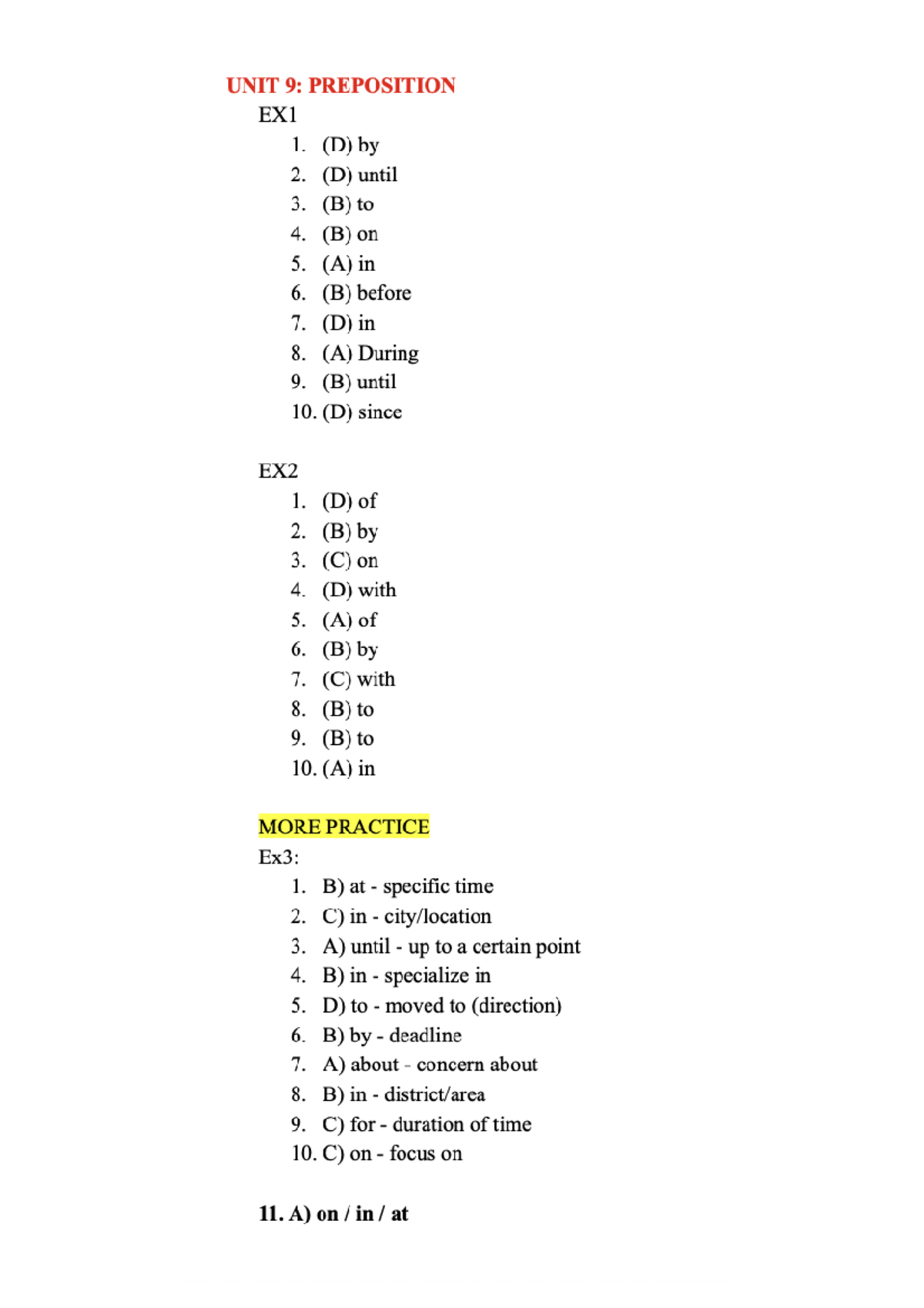 UNIT 9 & 10: Prepositions & Conditional Sentences Answer Key - Studocu