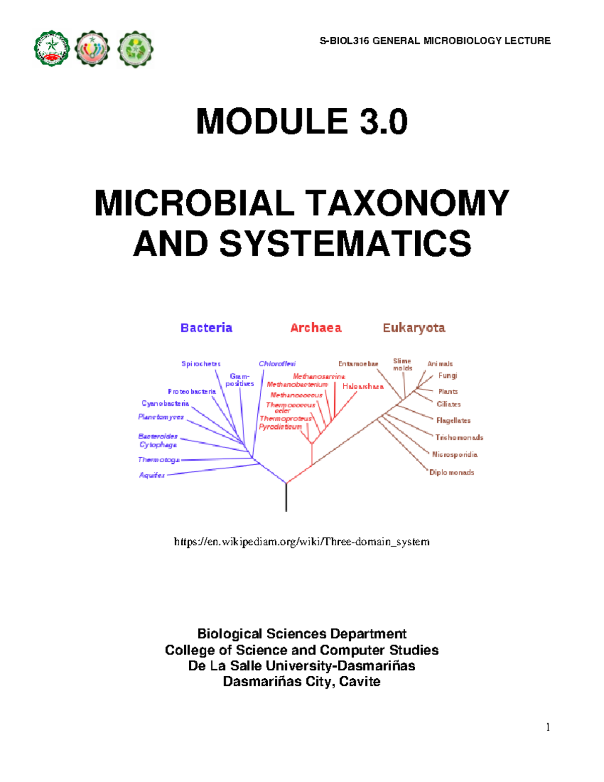 Module 3 Microbial Taxonomy and Systematics handout - MODULE 3. MICROBIAL TAXONOMY AND ...