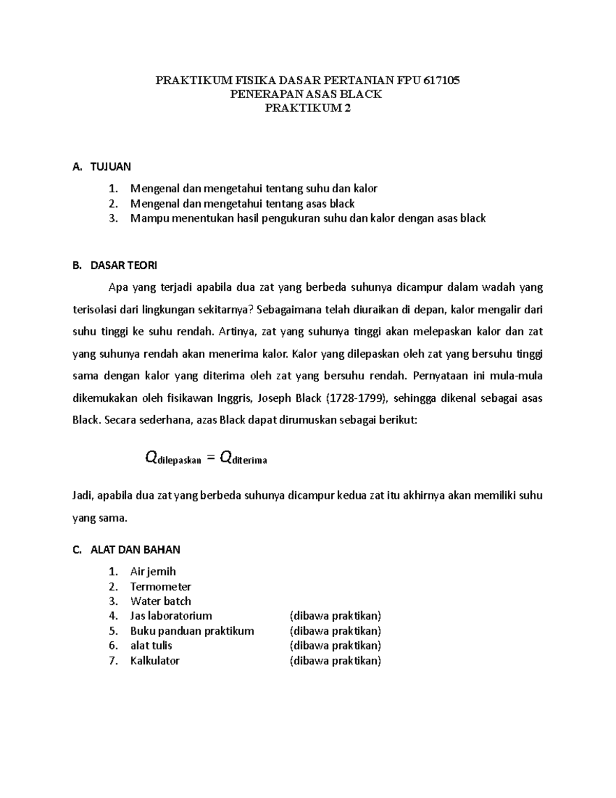 Praktikum 2: Penerapan Azas Black dalam Fisika Dasar FPU 617105 - Studocu