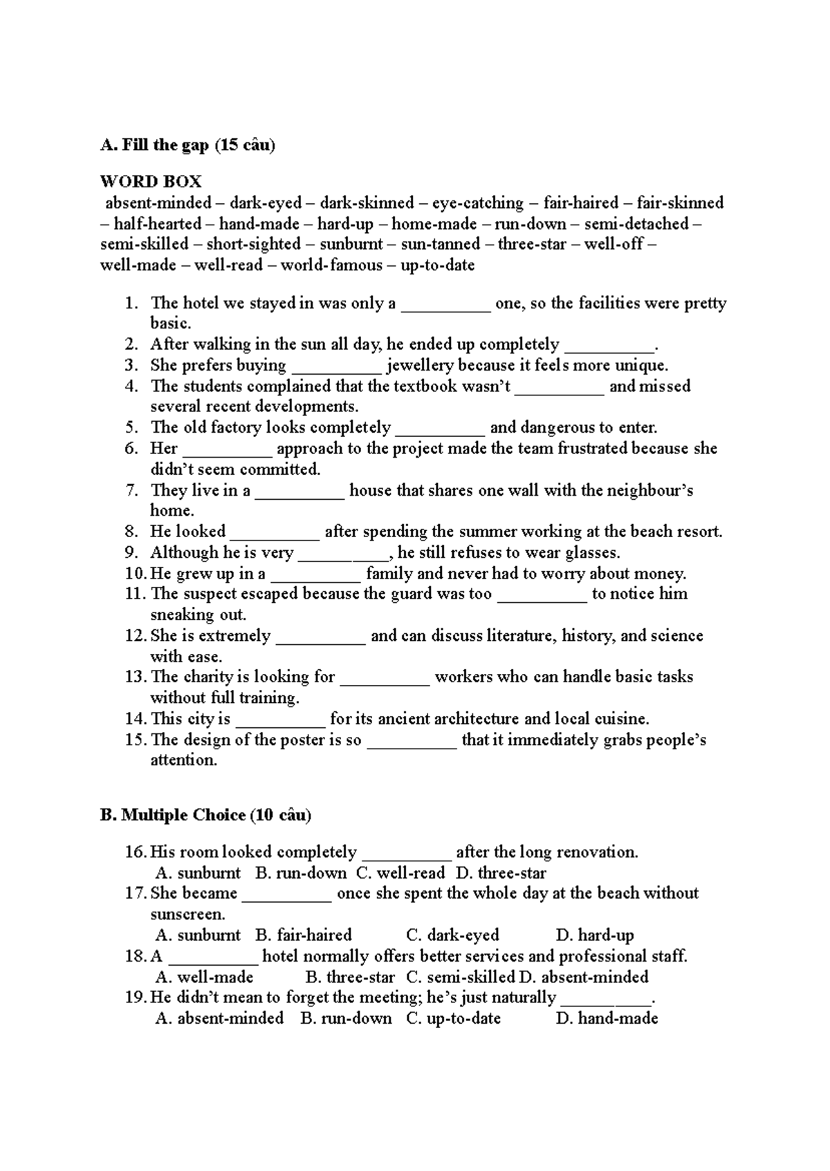 Tues Grammar & Vocab Quiz (15 Fill-in-the-Gap & 10 MCQs) - Studocu