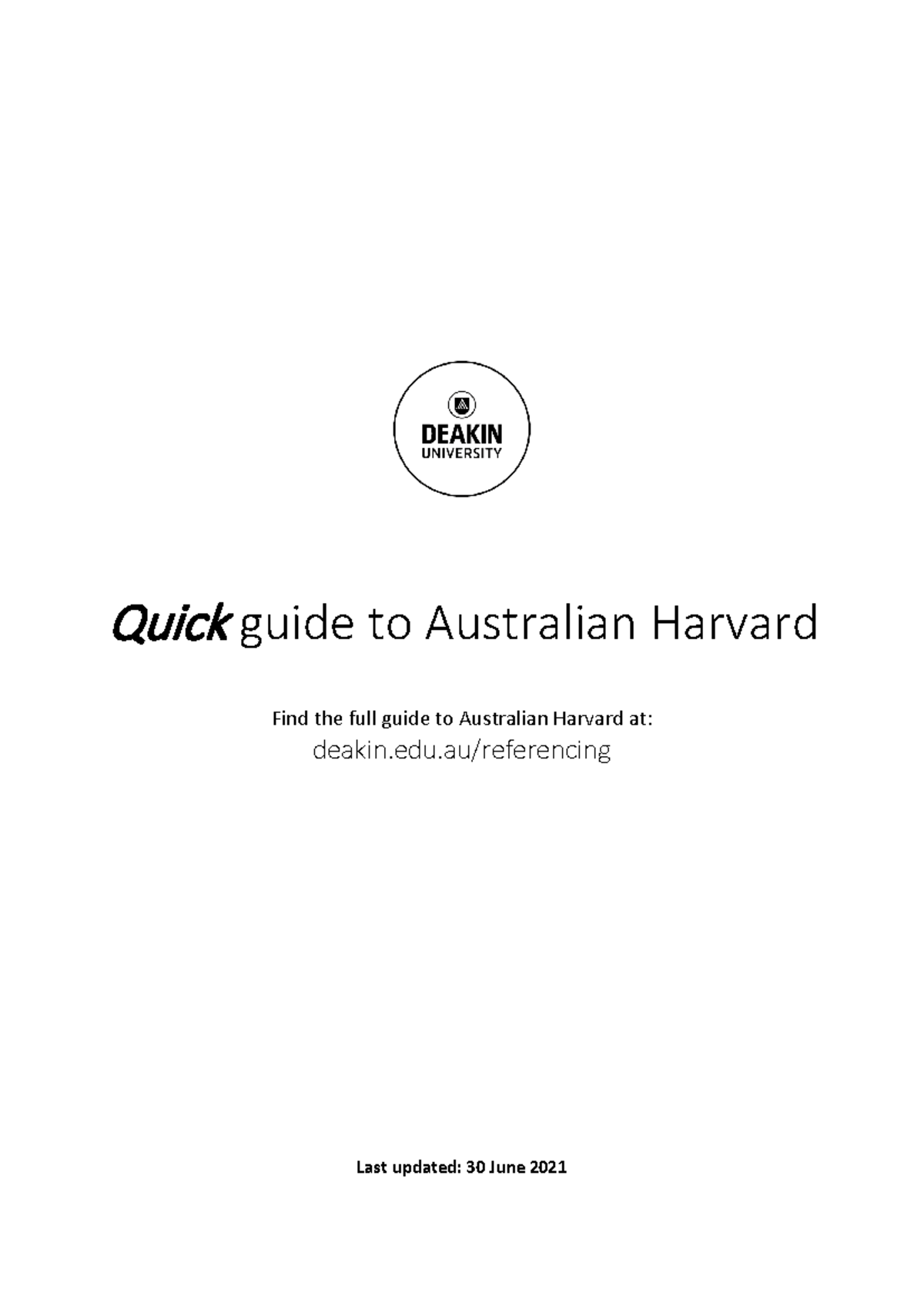 Deakin Quick Guide to Referencing: Australian Harvard Style Guide - Studocu