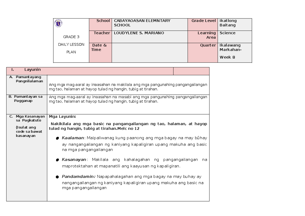 COT- Science 3 Q2 W8: Daily Lesson Plan on Basic Needs of Living Things ...