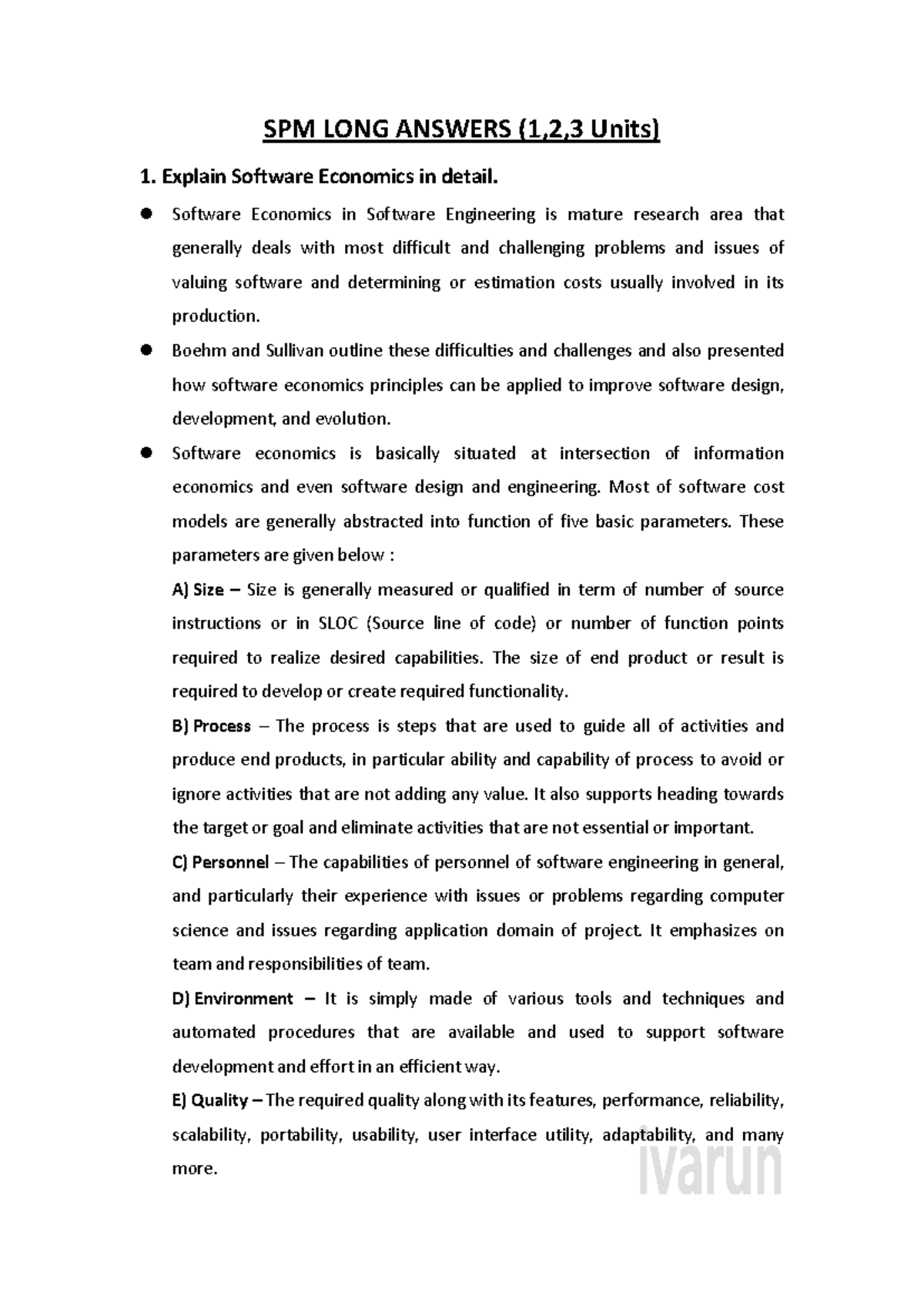 SPM Long Answers: Software Economics & Development Processes - Studocu