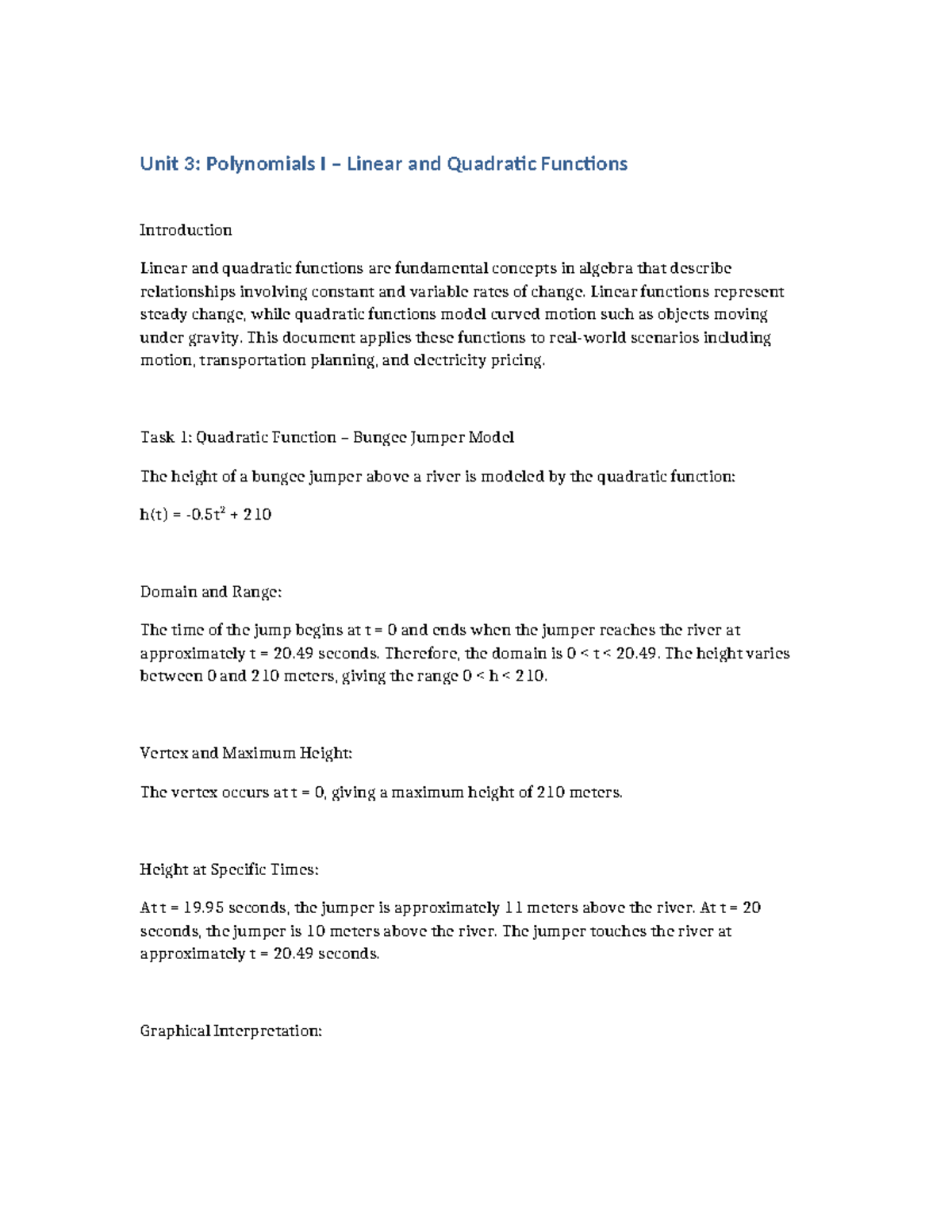 Unit 3: Polynomials I - Linear & Quadratic Functions Overview - Studocu