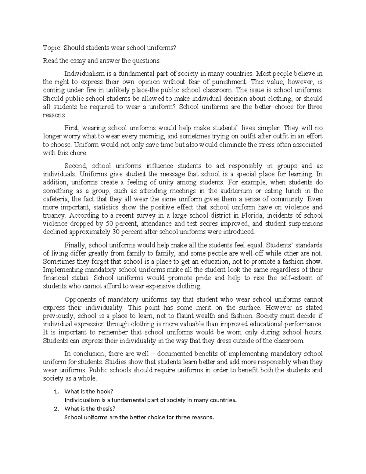 Argumentative Essay: Should Students Wear School Uniforms? (ENG 102 ...