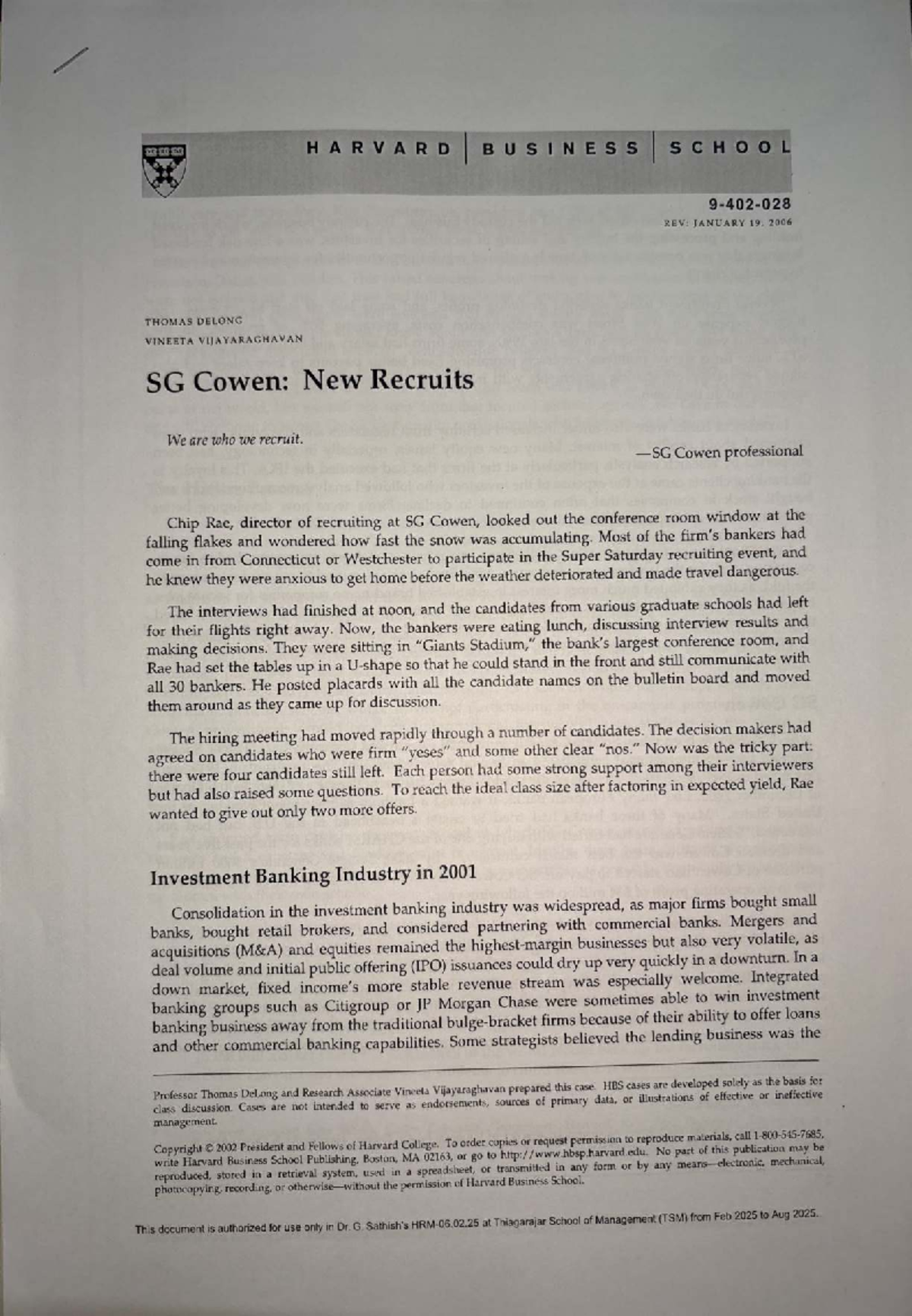 SG Cowen: New Recruits Case Study (HBS) - Insights from 2006 - Studocu