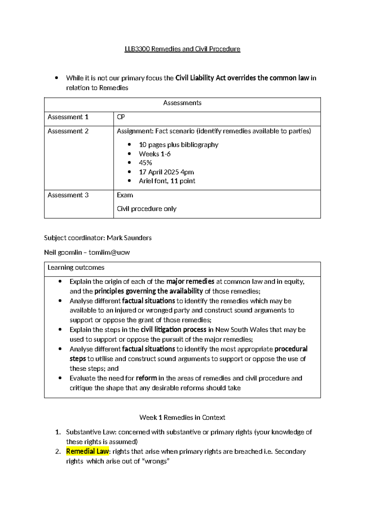 WK 1 LLB3300 Remedies & Civil Procedure: Overview of Key Concepts - Studocu