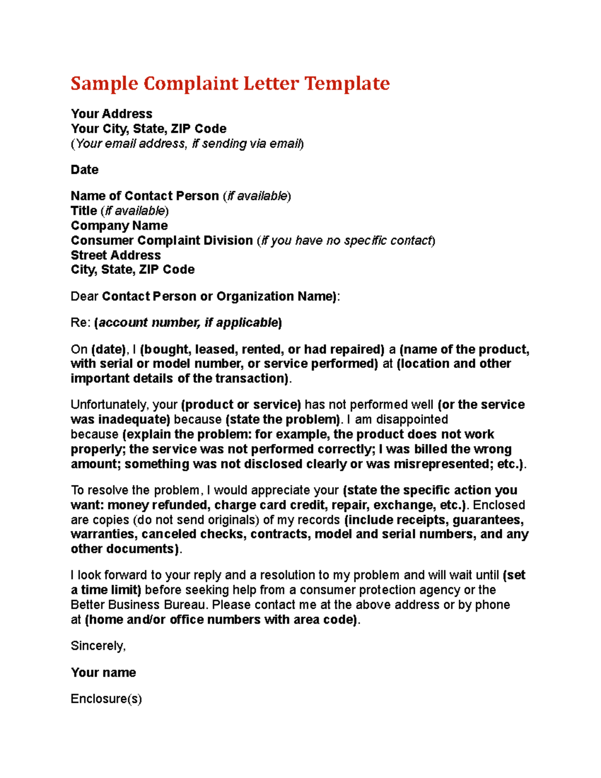 Sample Complaint Letter Template - Draft for Effective Resolution - Studocu