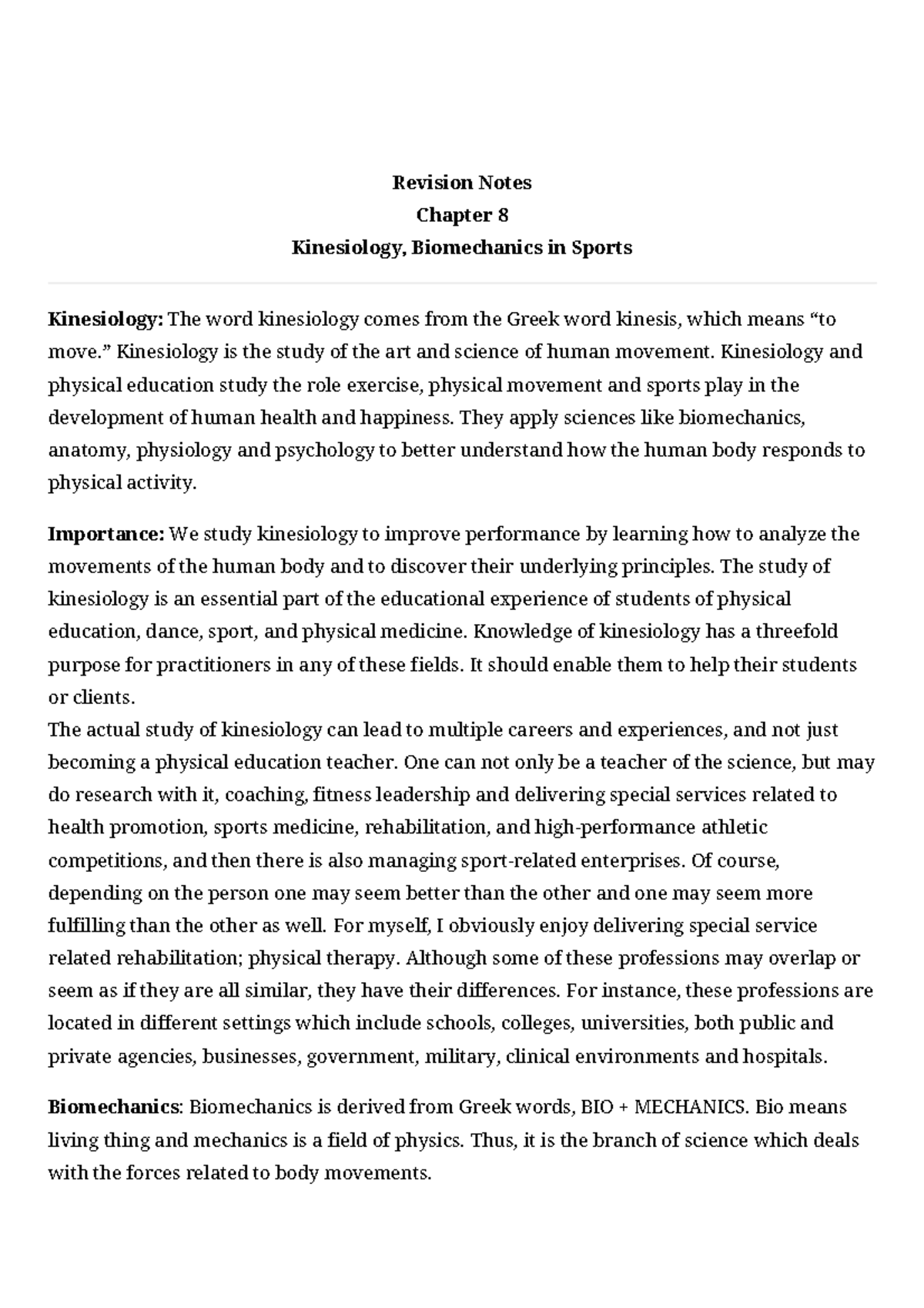 Revision Notes: Chapter 8 - Kinesiology & Biomechanics in Sports - Studocu