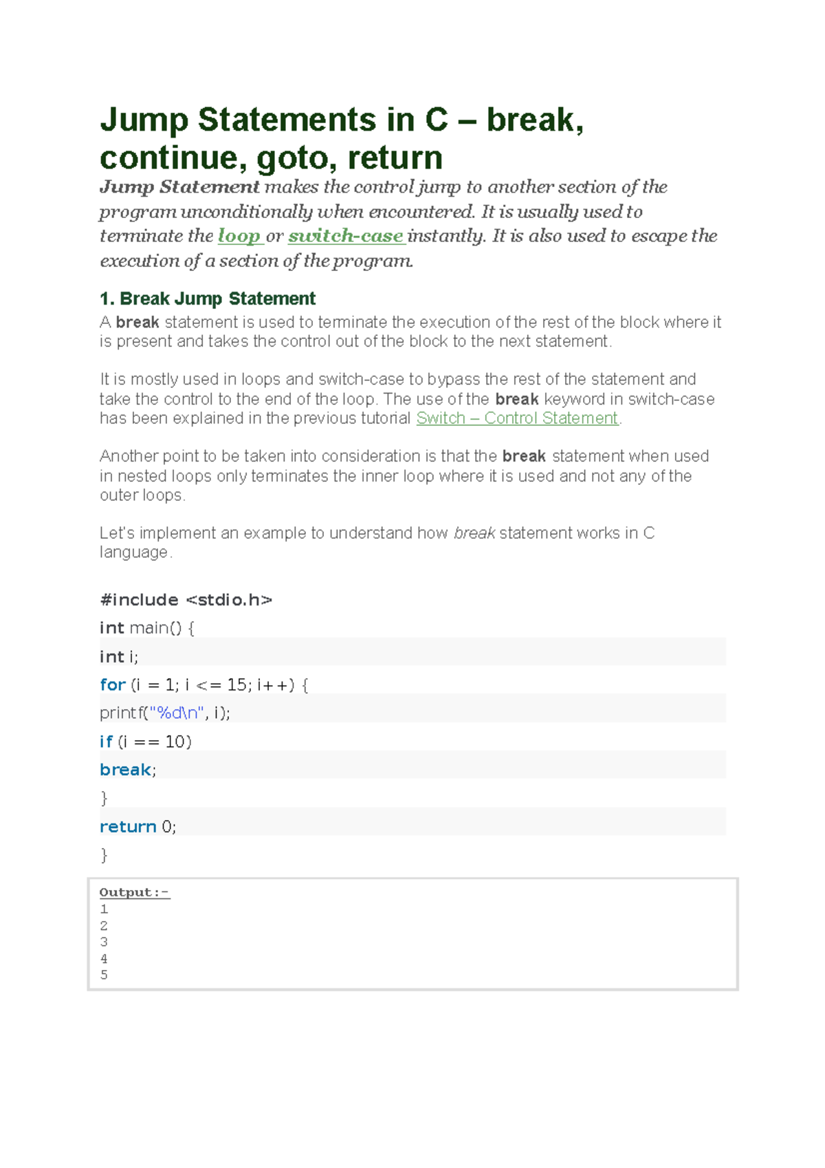 Jump Statements in C - material - Jump Statements in C – break, continue, goto, return Jump ...