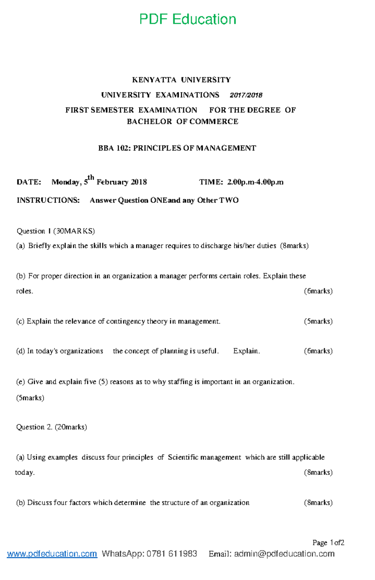 BBA 102 Principles of Management Past Papers February 2018 - PDF ...