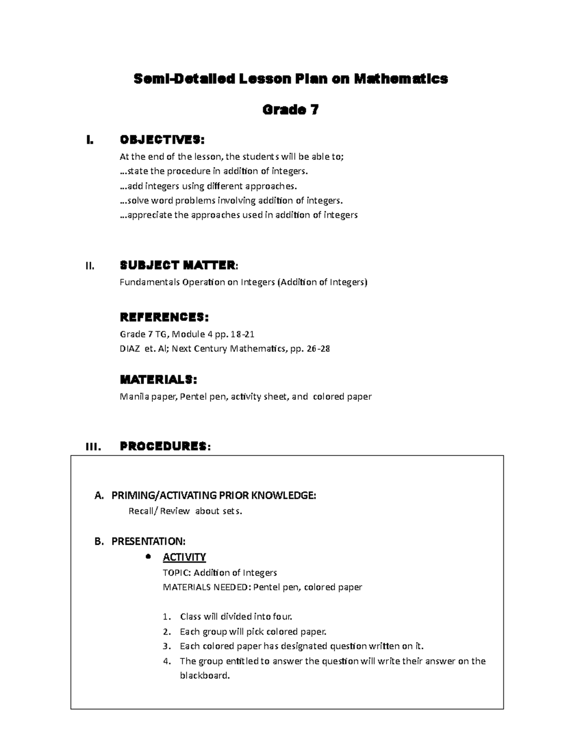 Semi-Detailed Lesson Plan for Mathematics Grade 7: Addition of Integers ...