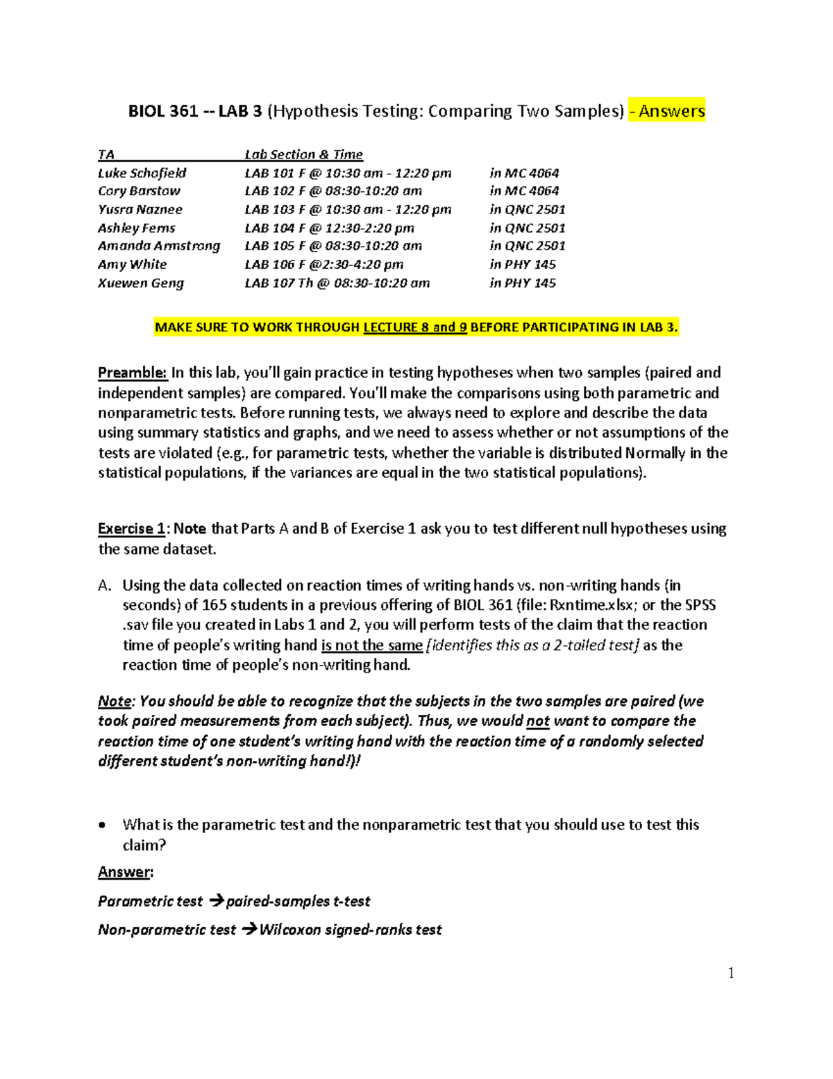 BIOL 361 LAB 3: Hypothesis Testing for Two Samples - Answers - Studocu