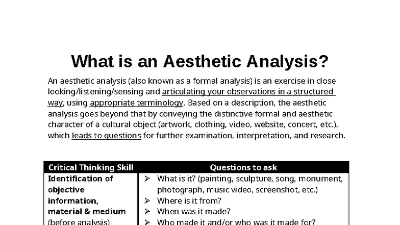 Aesthetic Analysis Overview: Understanding Cultural Objects - Studocu