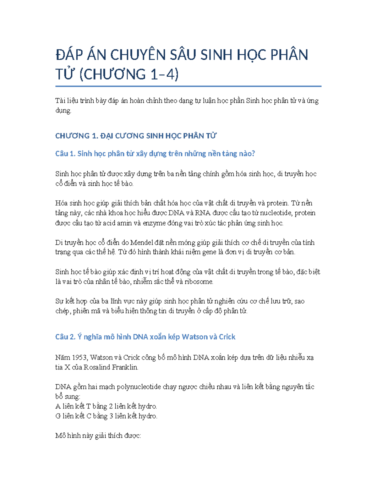 ĐÁP ÁN CHUYÊN SÂU SINH HỌC PHÂN TỬ (HỌC PHẦN) - Studocu