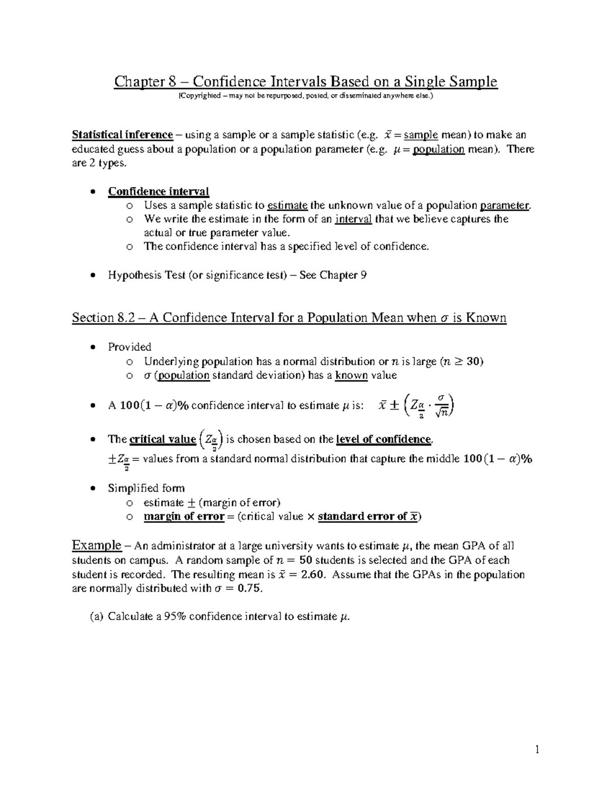 Chapter 8 Notes: Confidence Intervals for Population Parameters ...
