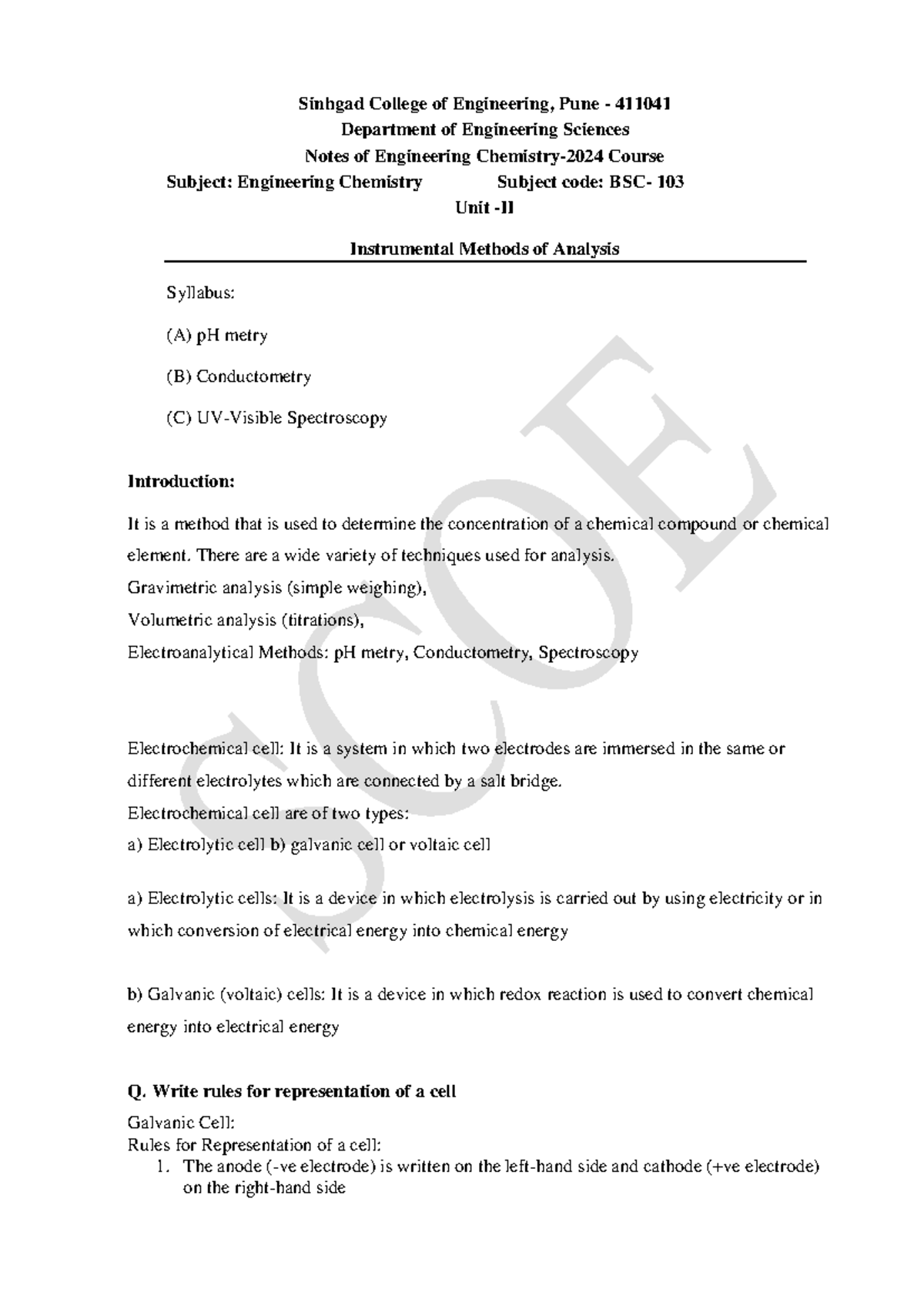 SCOE FE Chemistry 103 Unit 2: Instrumental Methods of Analysis Notes ...