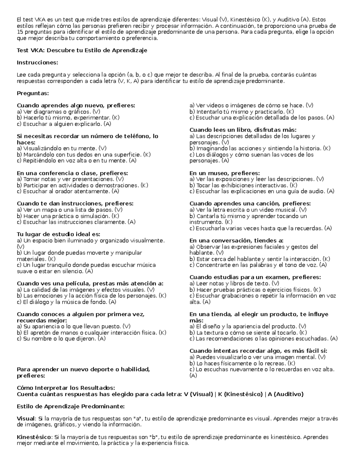 Test VKA: Identifica tu Estilo de Aprendizaje (Visual, Kinestésico ...
