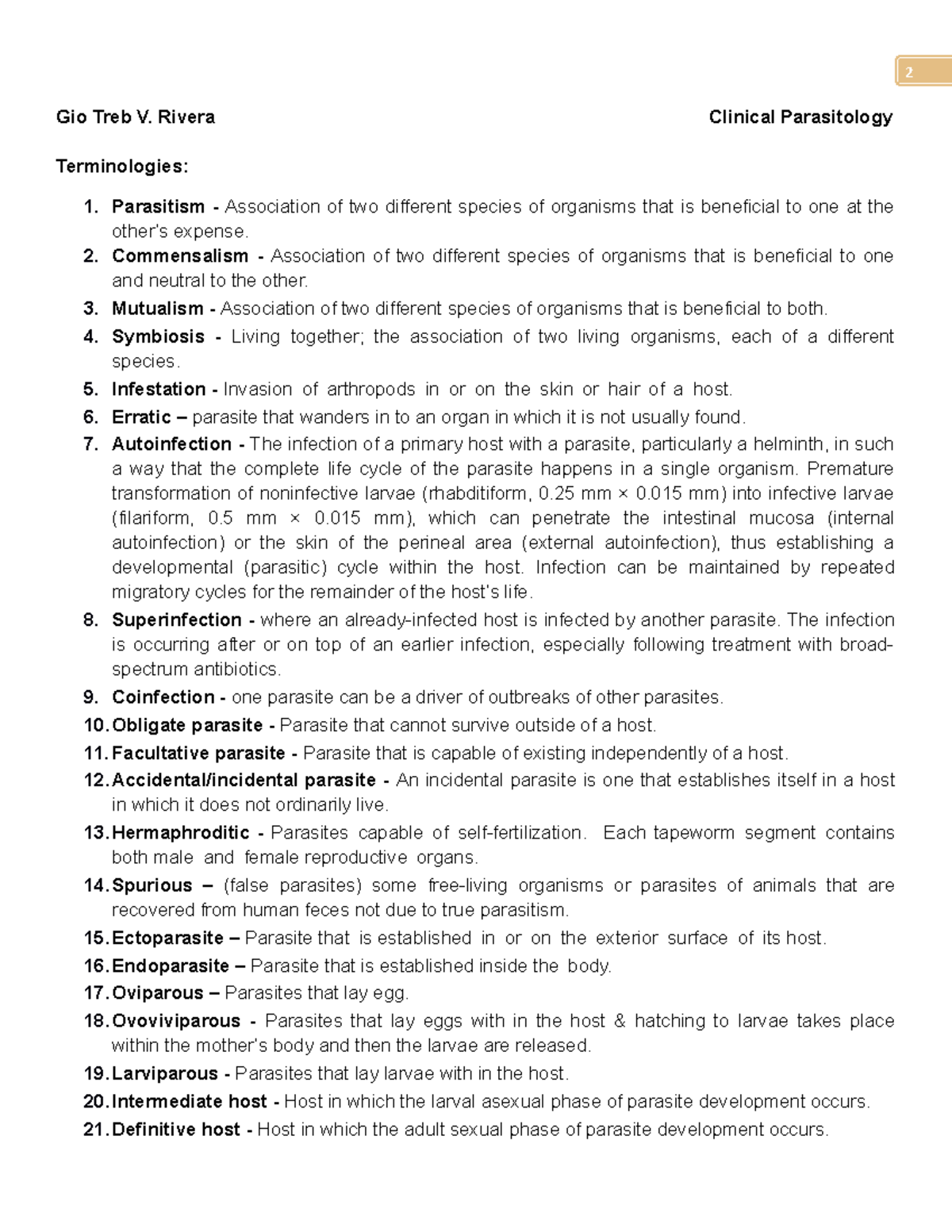Common Parasitology Terminologies - Gio Treb V. Rivera Clinical ...
