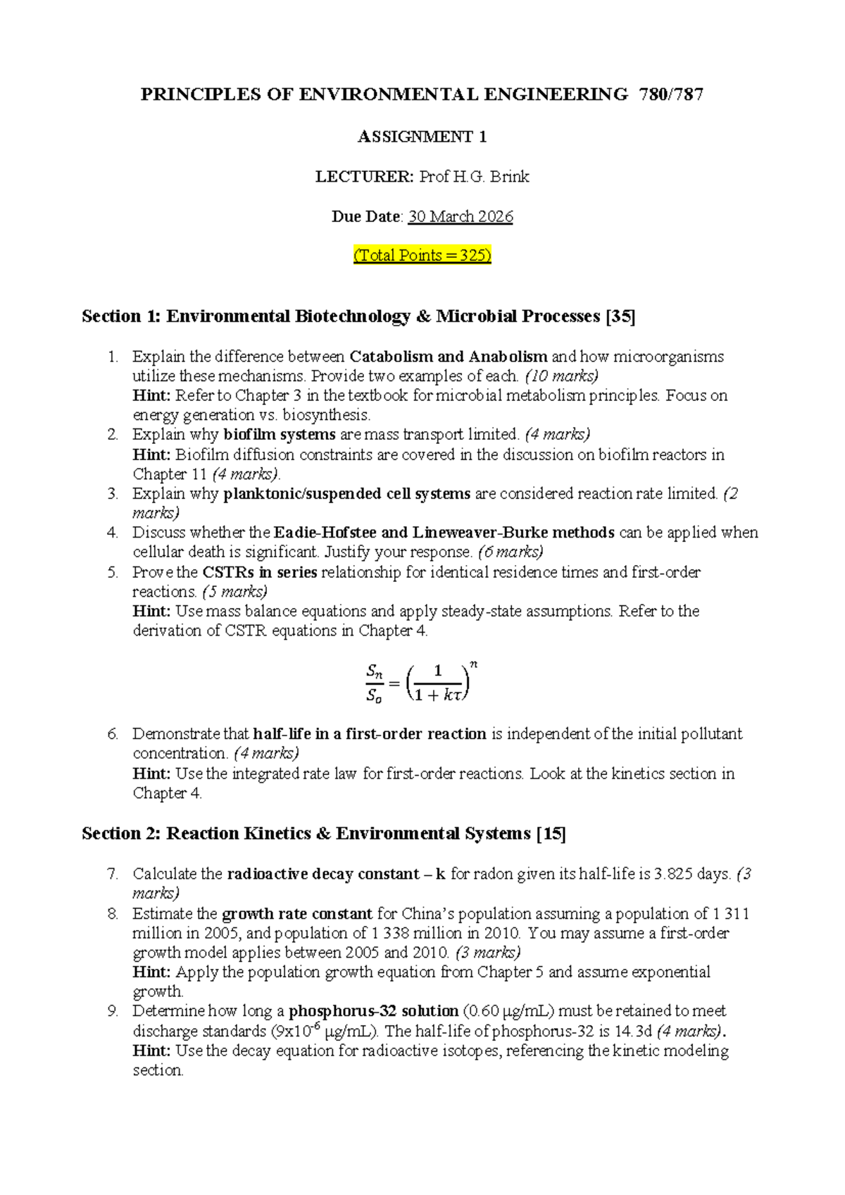 Environmental Engineering Principles: Assignment 1 (ENGR 101) - Studocu