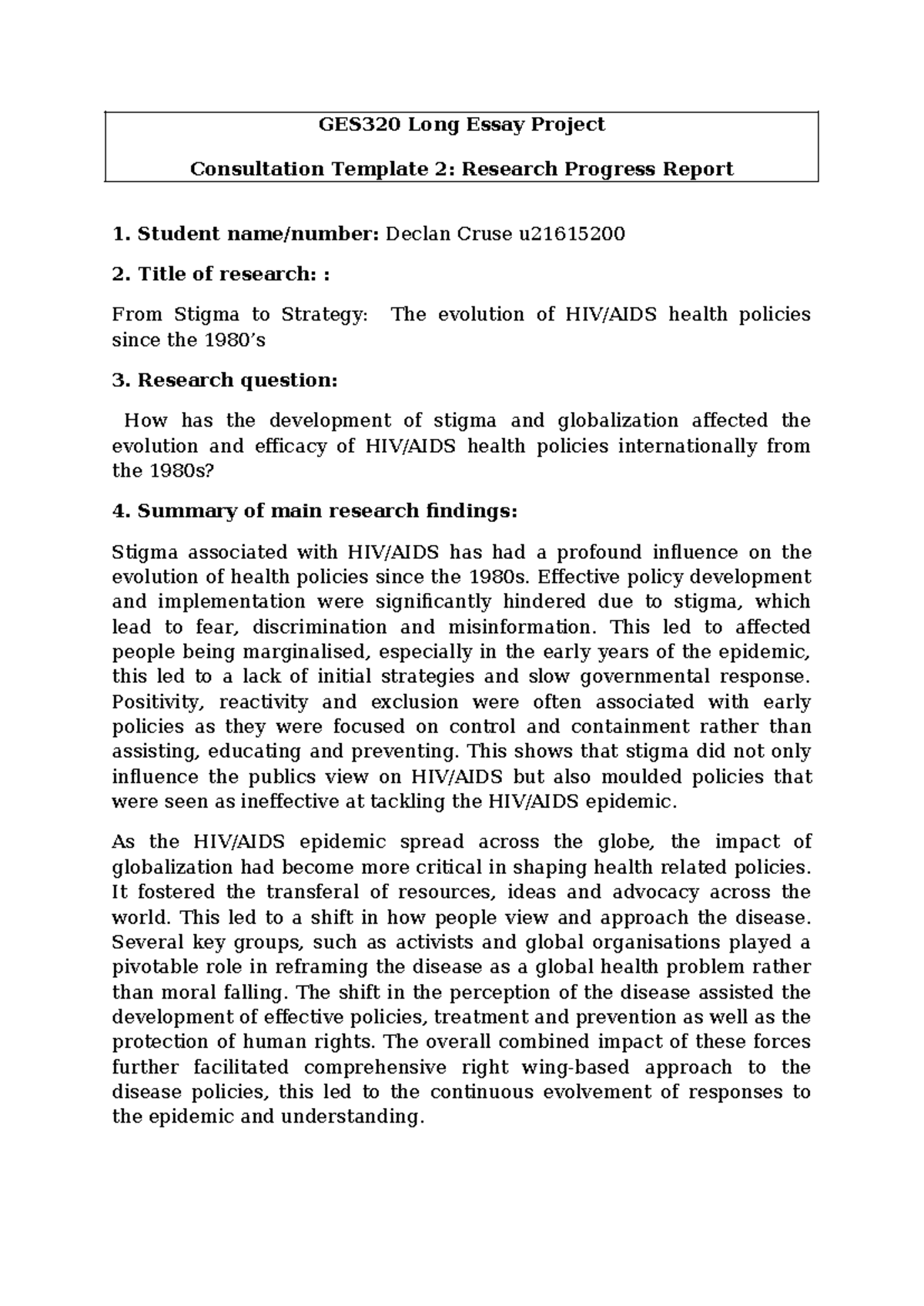 Research Progress Report - GES320 Long Essay Project Consultation ...