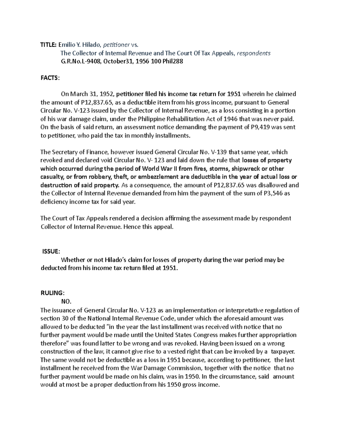 1. Hilado vs CIR ada - Case Digest on Taxation - TITLE: Emilio Y ...