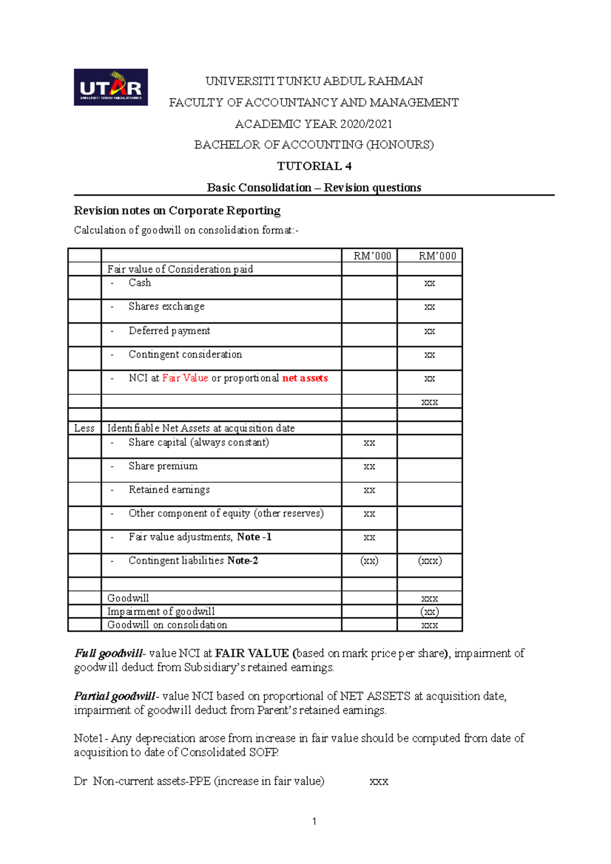 Tutorial 4 Questions: Basic Consolidation & Corporate Reporting - Studocu