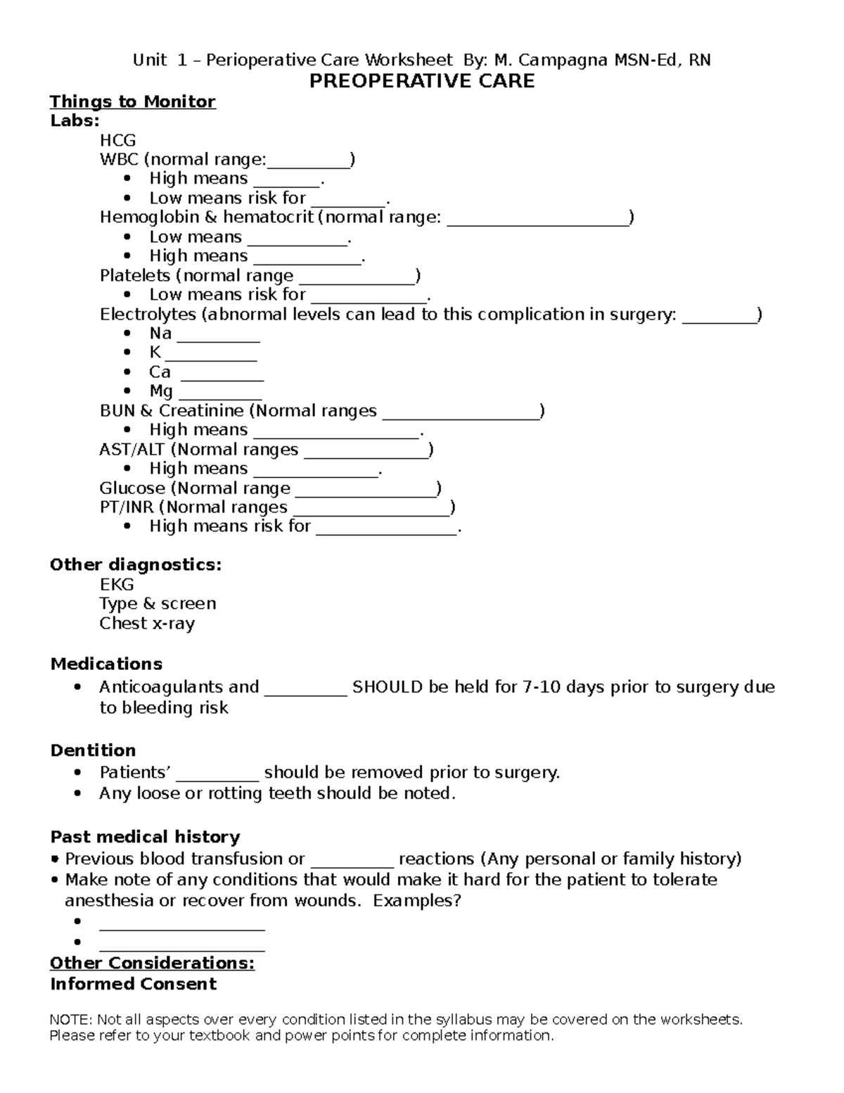Unit 1 - Perioperative Care Worksheet: M. Campagna RN - Studocu
