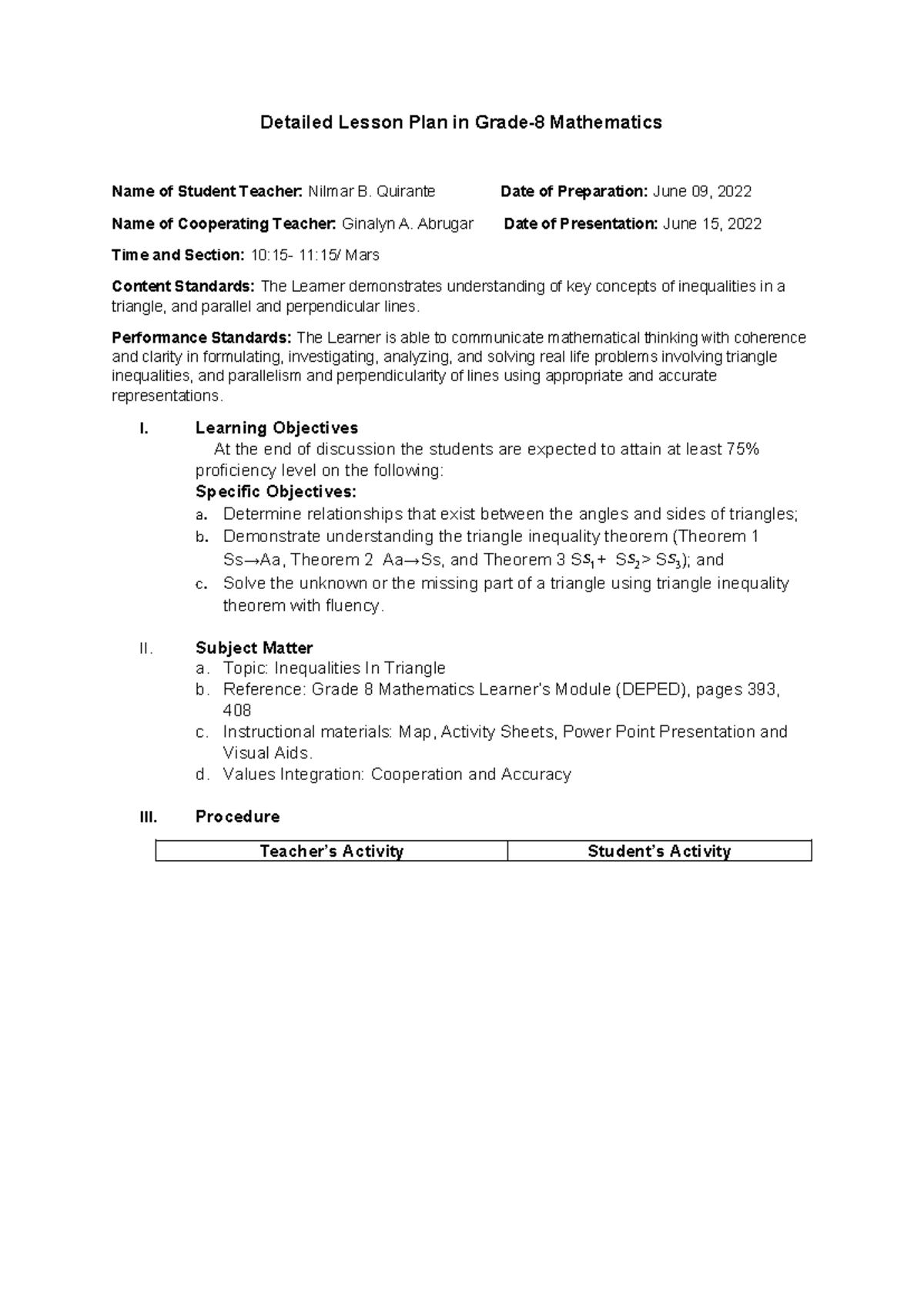 Final Demo Lesson Plan: Triangle Inequality Theorem (Math-8) - Studocu