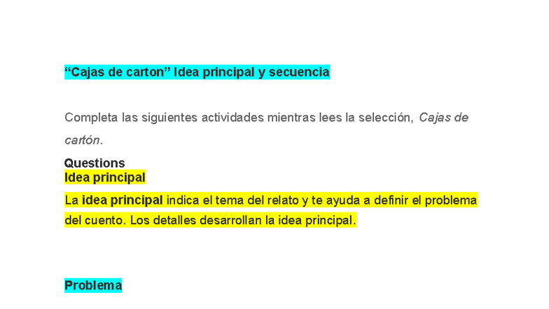 Cajas de Cartón: Idea Principal y Secuencia de Eventos - Studocu