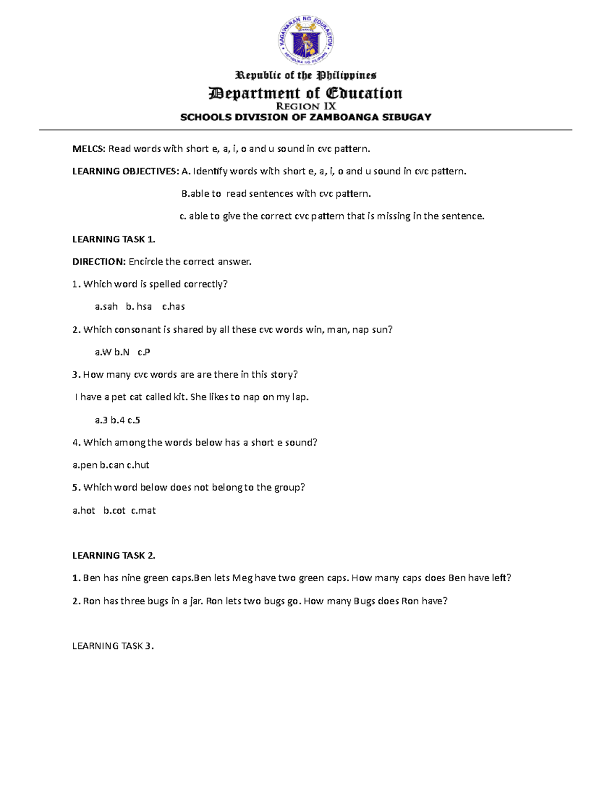 Las-in-english 2 - Learning activity - MELCS: Read words with short e ...