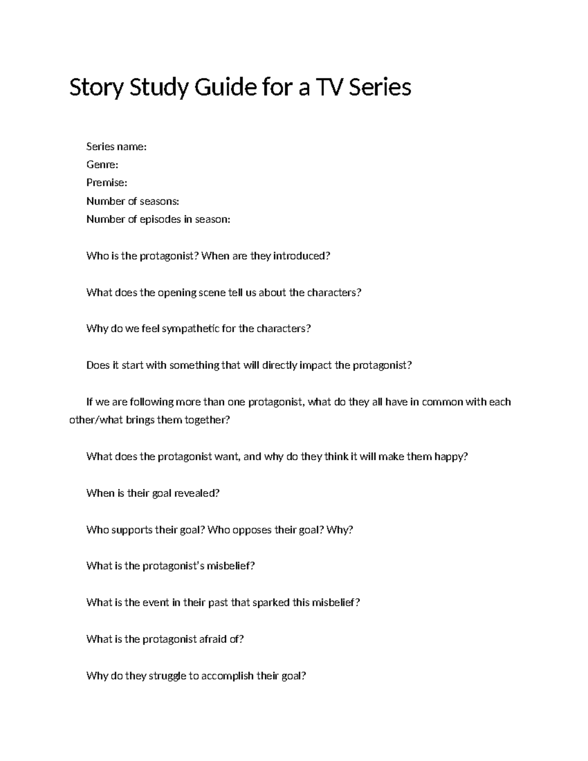 Story Study Guide for TV Series - Story Study Guide for a TV Series ...