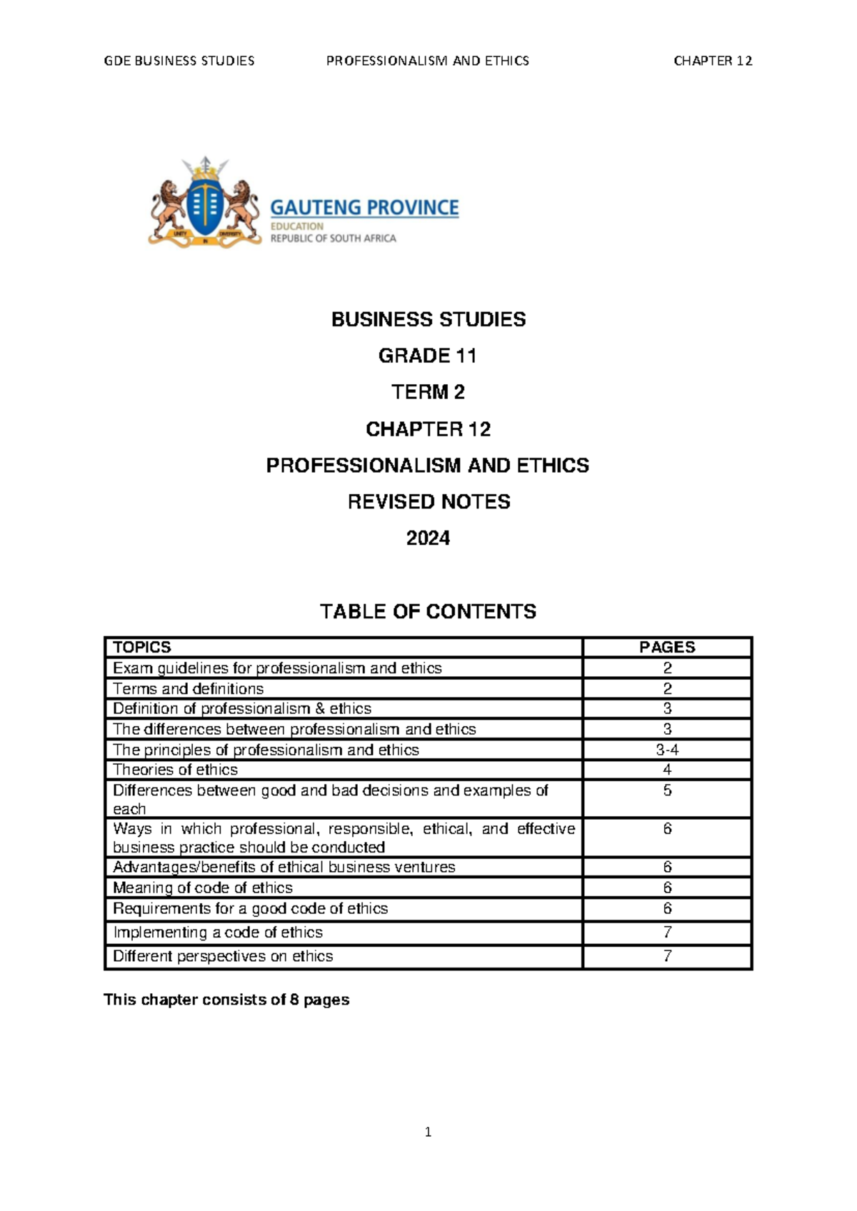GDE BUSINESS STUDIES GRADE 11 TERM 2 CHAPTER 12 PROFESSIONALISM ...