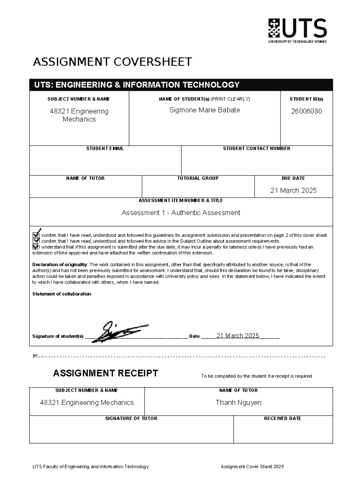Assessment 1: Authentic Assessment for UTS 48321 Engineering Mechanics ...