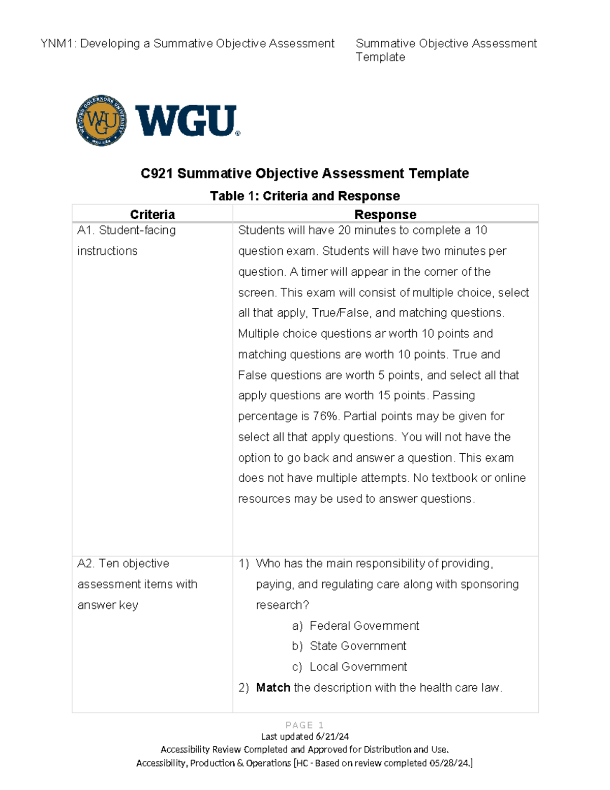 C921 Final Exam Objective Assessment Template and Guidelines - Studocu