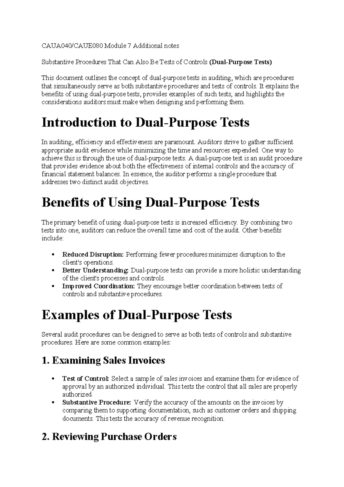 Module 7 - Additional Notes on Dual Tests in Auditing - Studocu