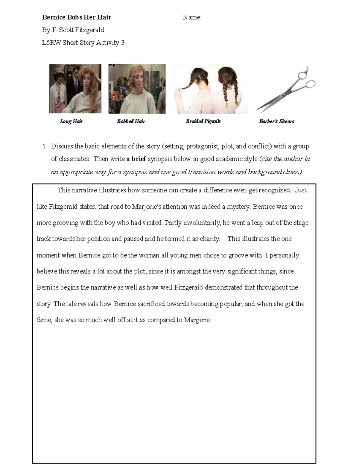 L5RW Short Story Activity: Bernice Bobs Her Hair Analysis Worksheet ...