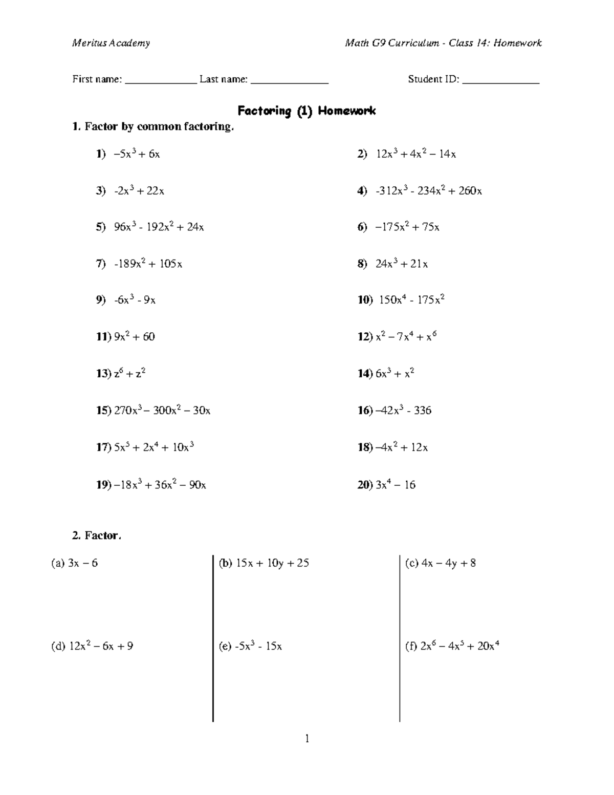 Math G9 Curriculum - Class 14: Factoring Homework - Studocu