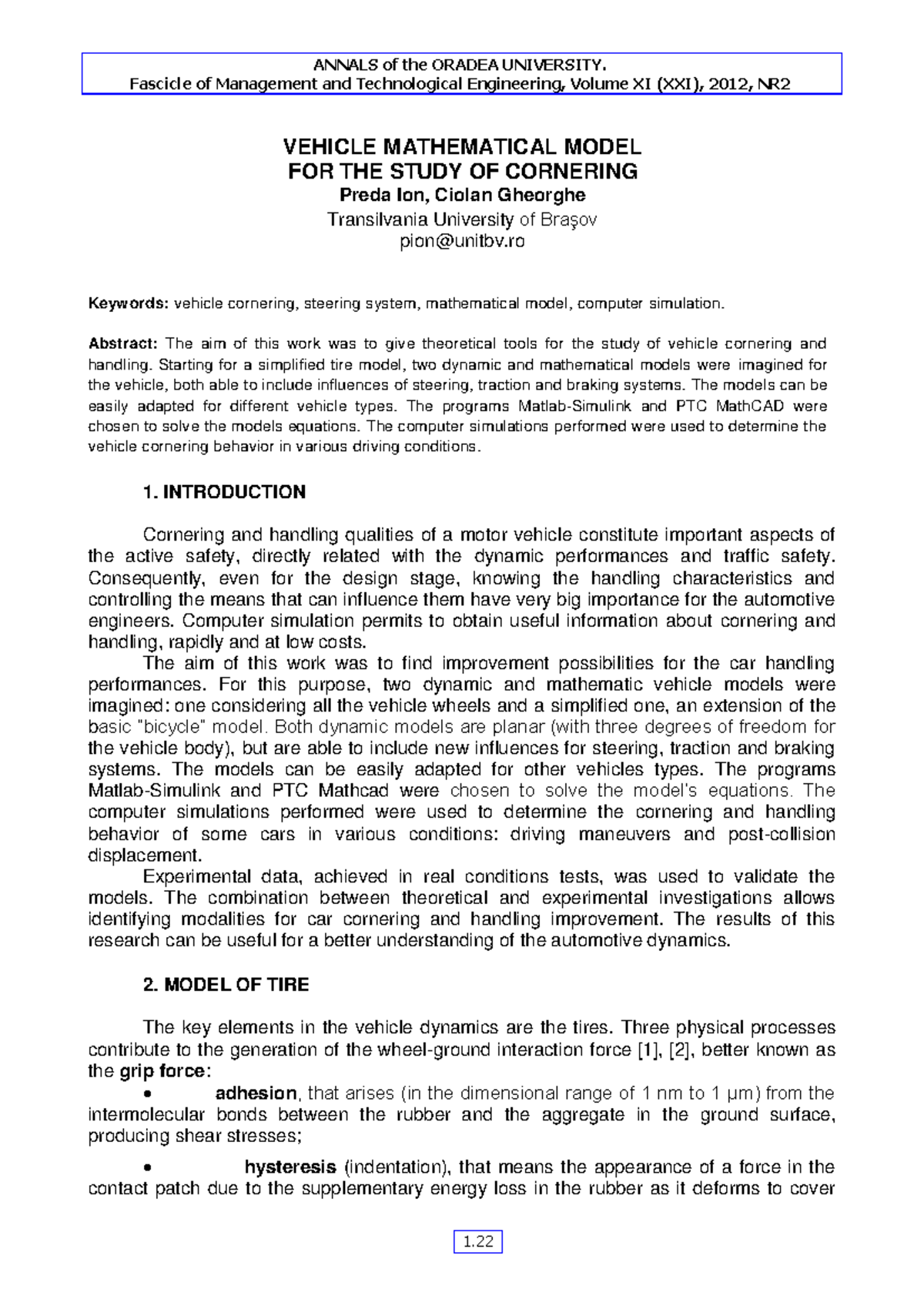 Preda Ion L1 - LTOTO - VEHICLE MATHEMATICAL MODEL FOR THE STUDY OF ...