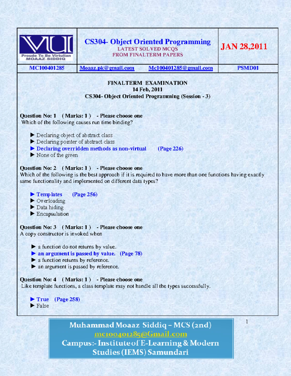 Cs304 Solved Mcqs Final Term By Junaid Cs304 Oop Solved Macqs